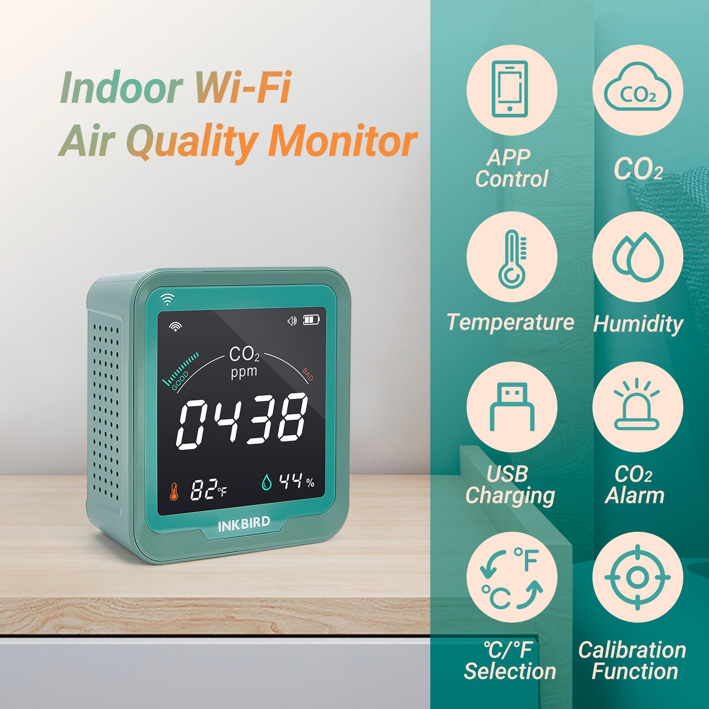 INKBIRD WiFi Indoor Air Quality Monitor CO₂ Detector Data Logger INK ...